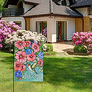 Hzppyz Welcome Spring Floral Flowers Garden Flag Double Sided, Morning Glory Hummingbird Birds Decorative Yard Outdoor Home Small Decor, Summer Farmhouse Burlap Outside House Decoration 12 x 18