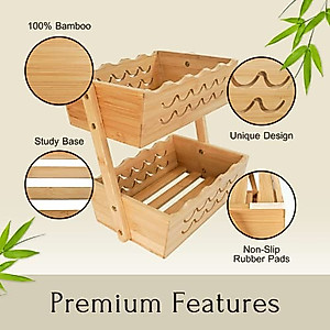 Happy Panda Bamboo 2 Tier Bamboo Fruit Basket Bowl Kitchen Countertop Display Wooden Shelf Organizer Bread Box Stand Holder Multi Purpose Large Storage Capacity for Vegetables & Houshold Accessories