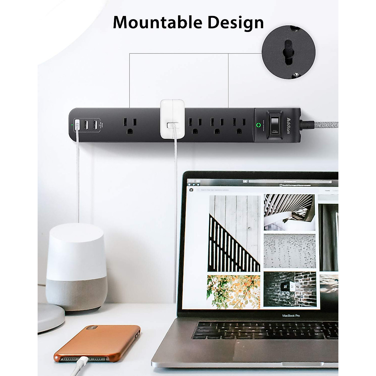 2 Pack Power Strip Surge Protector - 5 Widely Spaced Outlets 3 USB Charging Ports, 1875W/15A with 6Ft Braided Extension Cord, Flat Plug, Overload Surge Protection, Wall Mount for Home Office