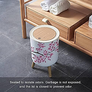 EINGDVPRWEK Trash Can with Lid Cherry Blossom Spring Flower Japan Press Cover Small Garbage Bin Round with Wooden Legs Waste Basket for Bathroom Kitchen Bedroom 7L/1.8 Gallon Multicolor 8.6*14.3 inch