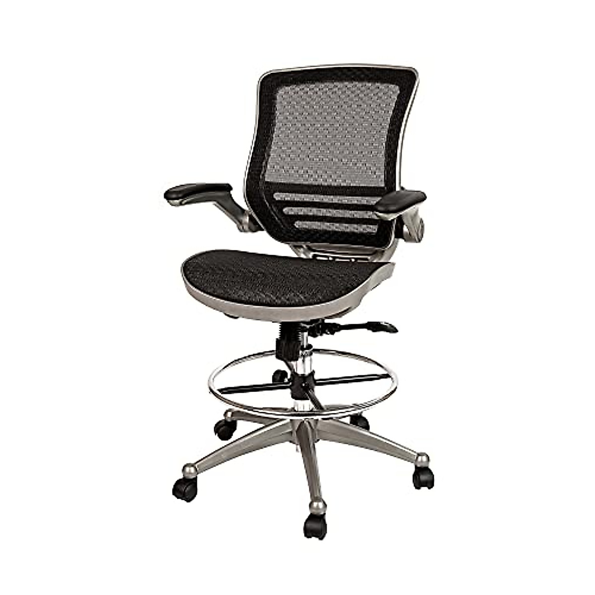 Flash Furniture Mid-Back Transparent Black Mesh Drafting Chair with Graphite Silver Frame and Flip-Up Arms