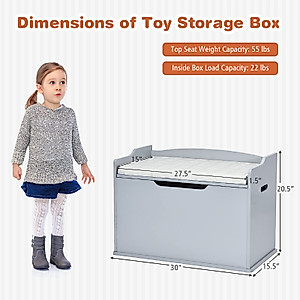 Costzon Kids Wooden Toy Chest, Wide Toy Box Storage Chest with Bench Seat, Toy Storage Trunk Case with Finger-Pinch Prevention, Lift-Top Foot Rest Seat for Toddler Bedroom Playroom Entry (Grey)