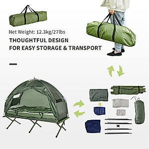 Outsunny Multifunctional Folding Camping Cots for Adults, Elevated Tent with Sleeping Bag, Thick Air Mattress Pad, Portable Single Sleeping Cot Camping Bed