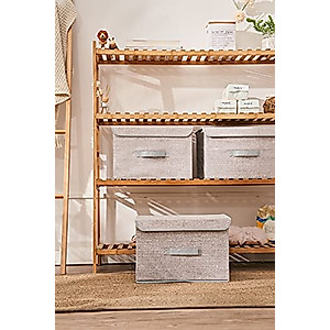 SamiTime Large Foldable Storage Orangizer Bins Boxes with Lids Cover, Fabric Storage Baskets Containers Cube with Cover for Home Bedroom Closet Office Nursery (Gray Linen)