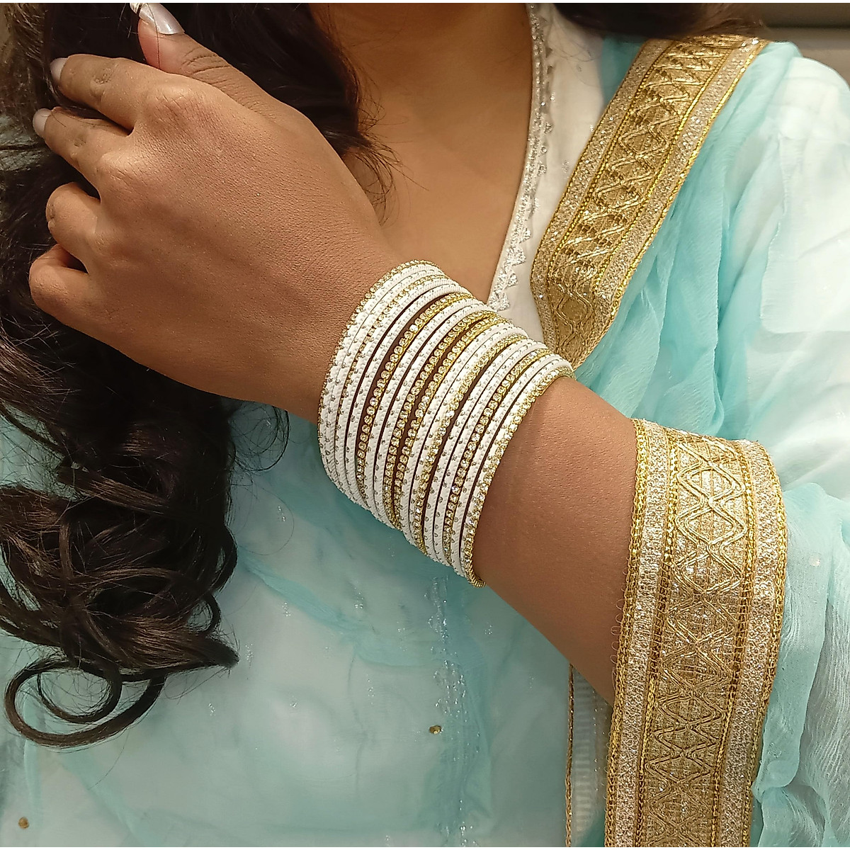 Efulgenz Indian Bangle Set Rhinestone CZ Plain Metal Bracelet Bangle Jewelry for Women (White (Set of 20 Pcs), 2-4)