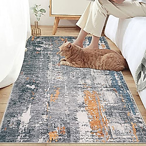 famibay 3x5 Area Rug for Bedroom Washable Throw Rugs with Rubber Backing Soft Flurry Bedroom Carpet Non Slip Modern Abstract Low Pile Small Floor Rugs for Living Room Kitchen Bathroom Dorm(Grey/Rust)