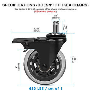 Hirate 5 Pack Office Chair Casters (2 with Brakes, 3 Without), 3" Lockable Heavy Duty Swivel Caster Replacements Smooth Rolling for Hardwood Floor Carpet