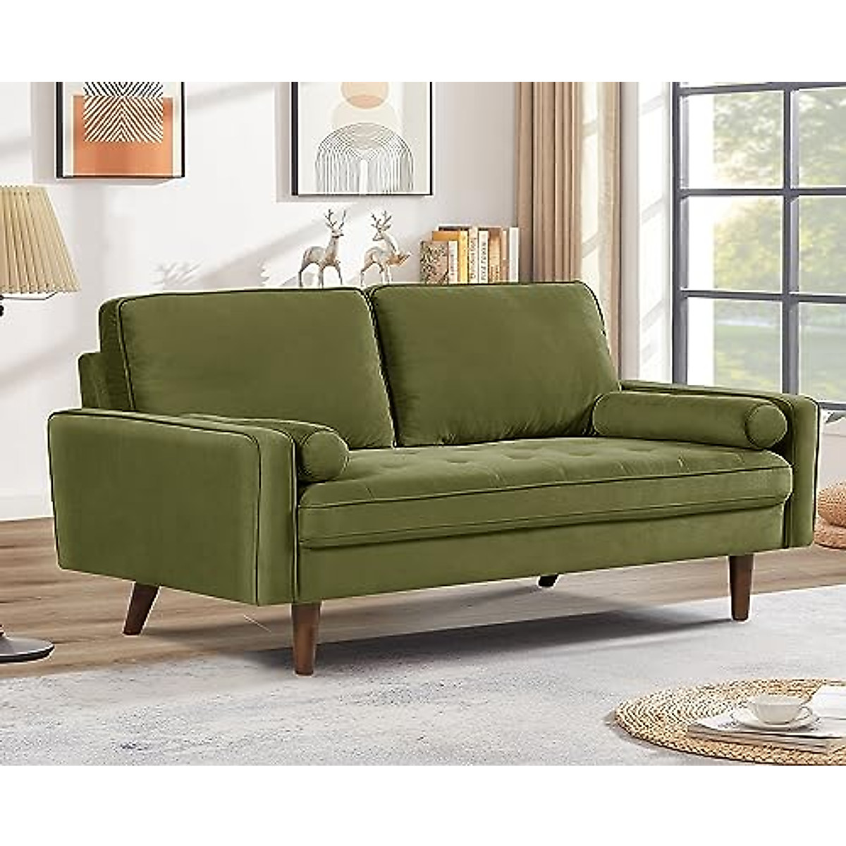 US Pride Furniture Velvet Tufted Sofa, Iconic Mid-Century Style Living Room Furniture with Contemporary Silhouette, Button Tufting and Wood Legs, Includes 2 Bolster Pillows, Loveseat, Olive Green