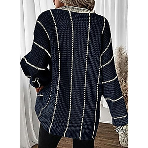 Dokotoo Women Sweater Casual Striped Tunic Long Sleeve Cute Oversized V Neck Knitted Pullover Sweaters for Women Blue X-Large