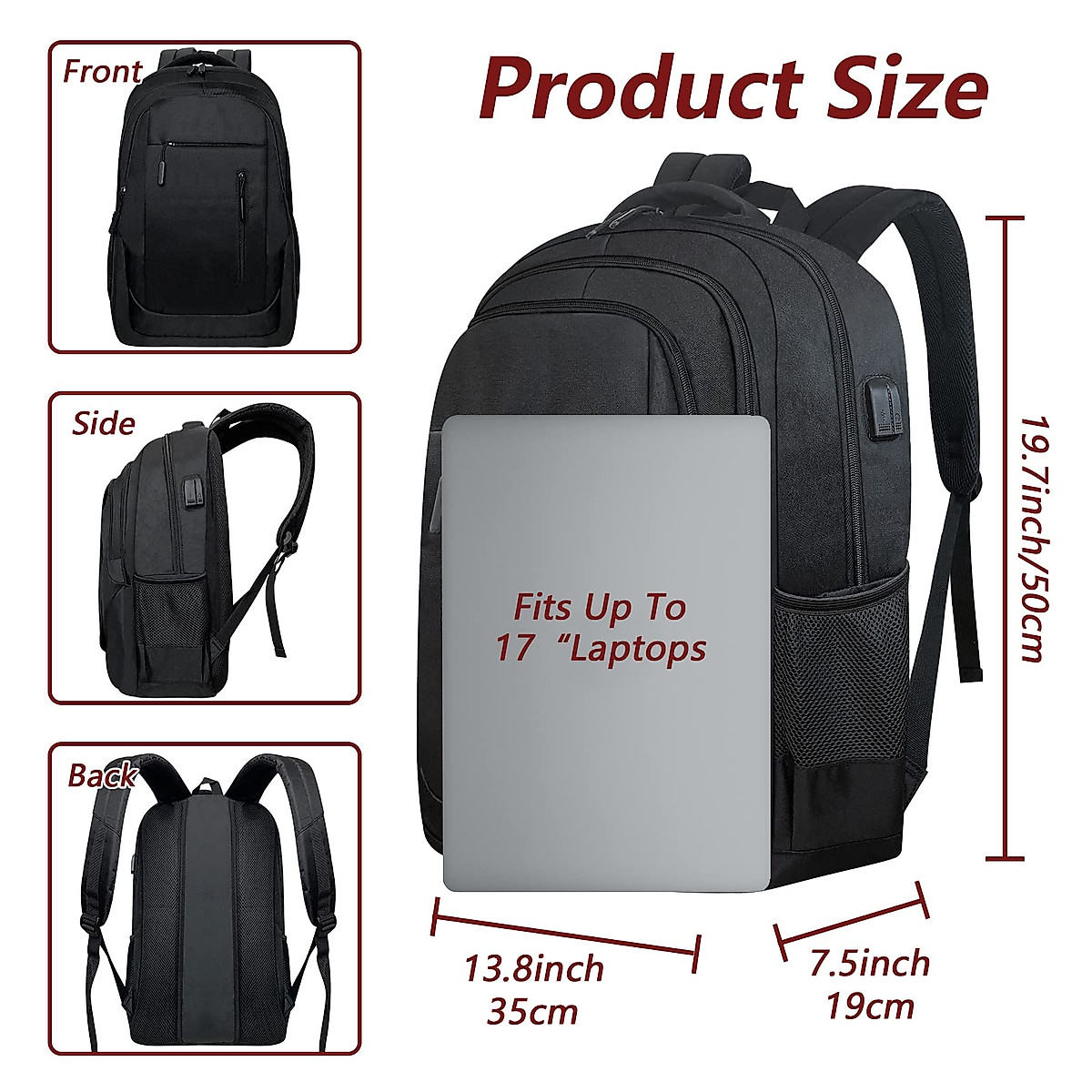 Ogetok Men Travel Backpack for 17.3" Laptop,Business Casual Computer Daypack School Student Bookbag w/ USB Charging Port,Grey