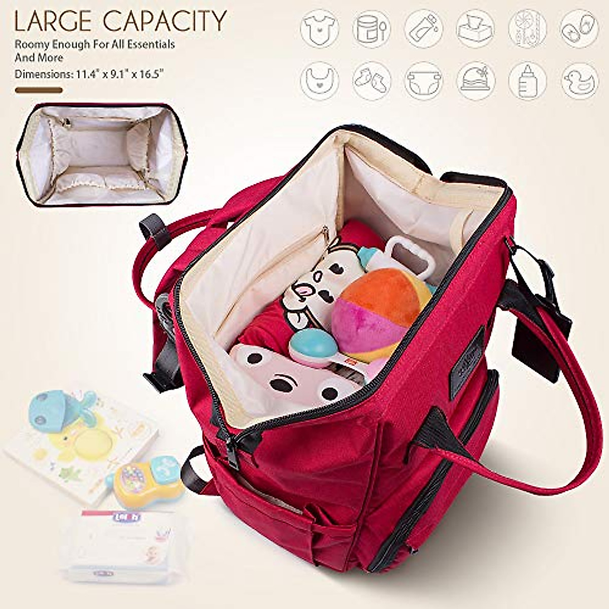 Qipi Diaper Bag - Spacious & Smart Multi-Function Nappy Bag w/ Changing Pad - Ruby Red