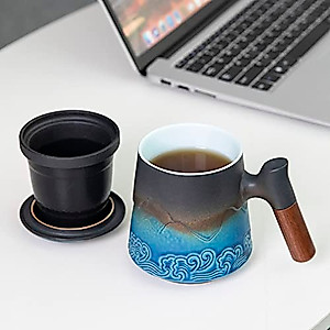 MAXJOY Tea Cup with Infuser and Lid,15.2 OZ Large Loose Leaf Tea Cup,Ceramic Tea Steeping Mug with Rosewood Handle,Black & Blue