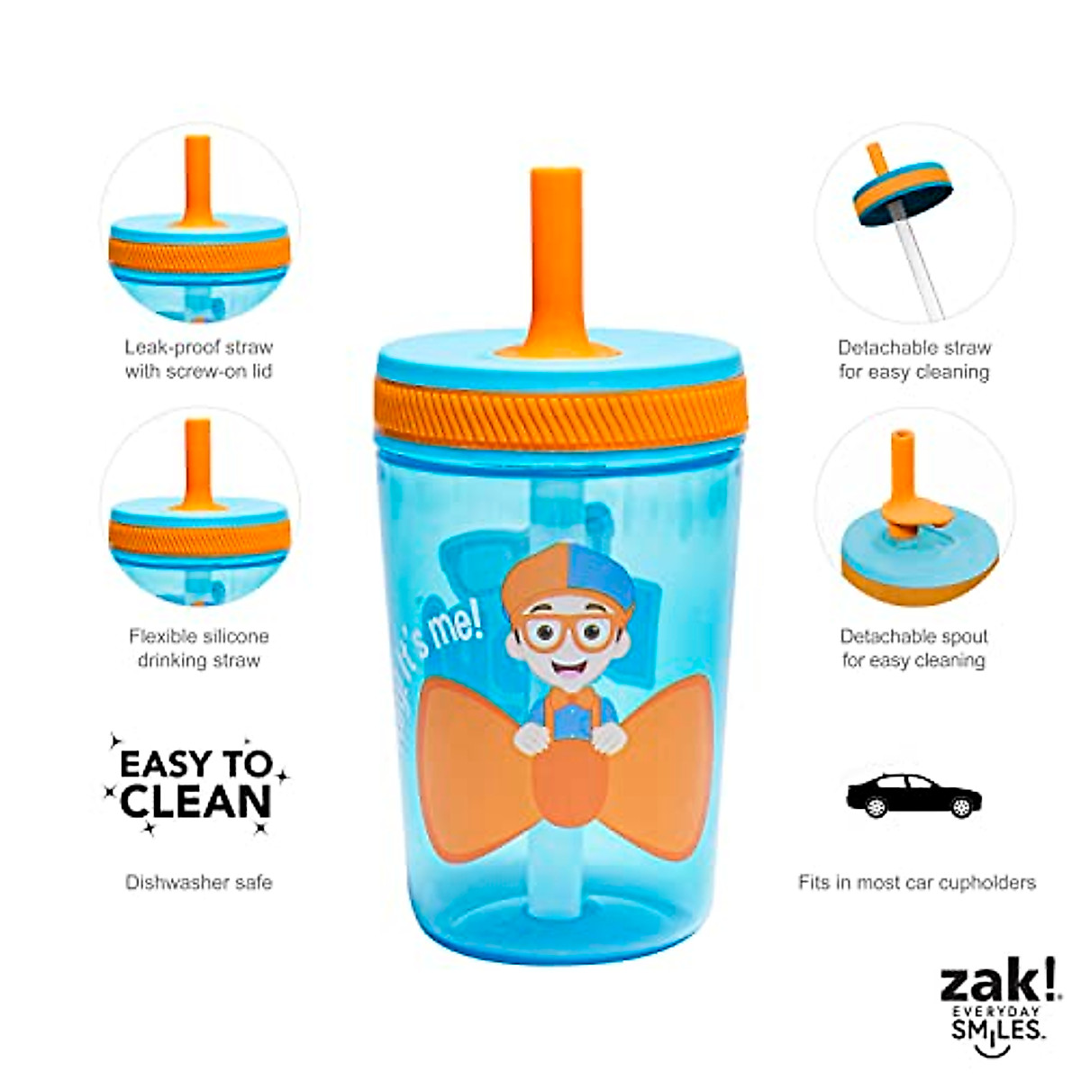Zak Designs Blippi Kelso Toddler Cups For Travel or At Home, 15oz 2-Pack Durable Plastic Sippy Cups With Leak-Proof Design is Perfect For Kids (Blippi)