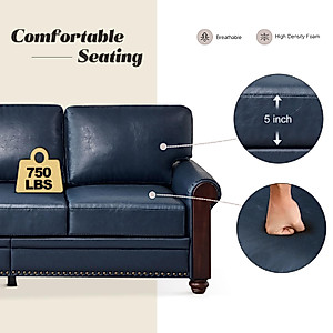 HULALA HOME 81'' Faux Leather Sofa with Nailhead Trim and Wood Decor Rolled Arms, Modern Living Room 3-Seater Couch, Navy Upholstered Couch with Removable Backrest for Bedroom Apartment
