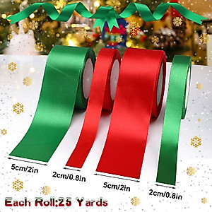 FEBSNOW 4 Rolls 100 Yards Christmas Ribbon,0.8 Inch and 2 Inch Wide Holiday Red Green Satin Ribbons for Xmas Gifts Wrapping and Craft Decoration