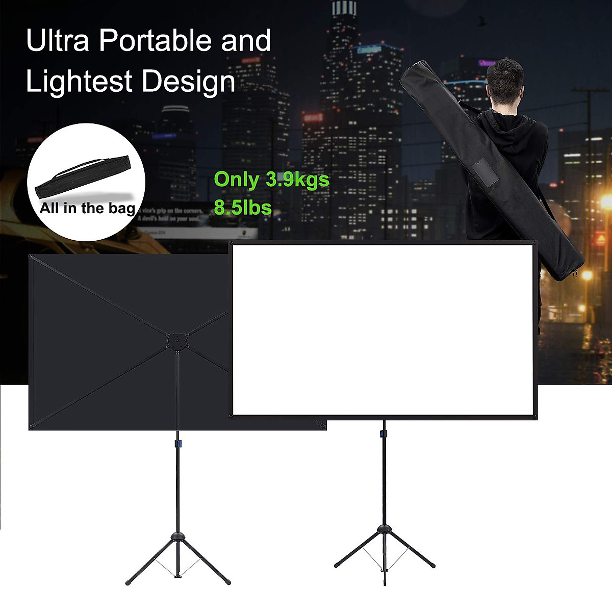 Projector Screen with Stand, 60 Inch Outdoor Projector Screen 16:9 and Stand, Portable Projector Screen with Aluminium Frame, Lightweight and Compact, Easy Setup, Idea for Home Cinema, Backyard Party