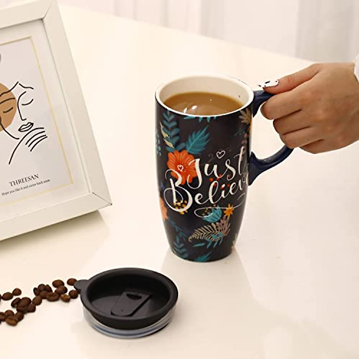 DUSVALLY Ceramic Travel Mug with Handle, Splash-Resistant Slider Lid, Ceramic Coffee Mug for Office and Home, Microwave & Dishwasher Safe, Just Believe Flower