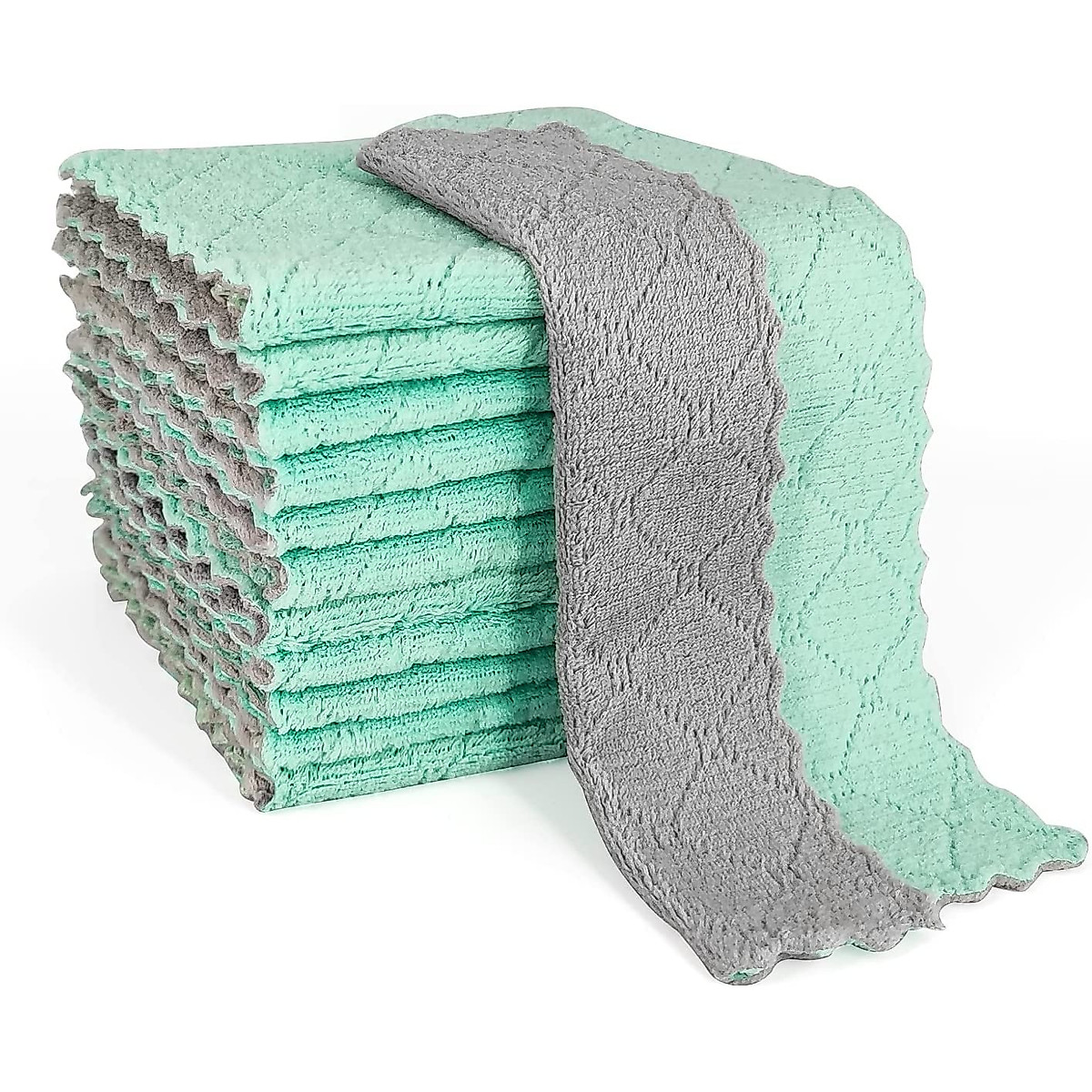 JIFOVER 12-Pack of Dish Towels for Kitchen Premium Dishcloths, Super Absorbent Coral Velvet Dishtowels, Nonstick Oil Washable Fast Drying - Green & Grey. (12 Pack/Set)