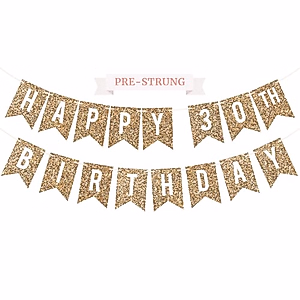 Pre-Strung Happy 30th Birthday Banner - NO DIY - Gold Glitter 30th Birthday Party Banner - Pre-Strung Garland on 6 ft Strands - Gold Birthday Party Decorations & Decor. Did we mention no DIY?