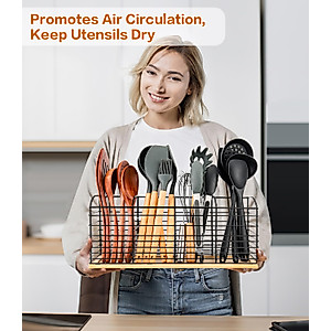 PrimZooty Extra Large Utensil Holder for Kitchen Counter - 15.7"x 6.7"x 4.4", Aesthetic Design, Anti-Slip Mat, 4 Compartments, Black Cooking Utensil Organizer for Countertop, Spatula Utensil Caddy