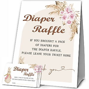 JCVUK Baby Shower Games, 1 Diaper Raffle Standing Sign with 50 Diaper Raffle Tickets,Bunny Theme Babyshower Party Decorations and Supplies For Boys or Girls(LBLK-B04)