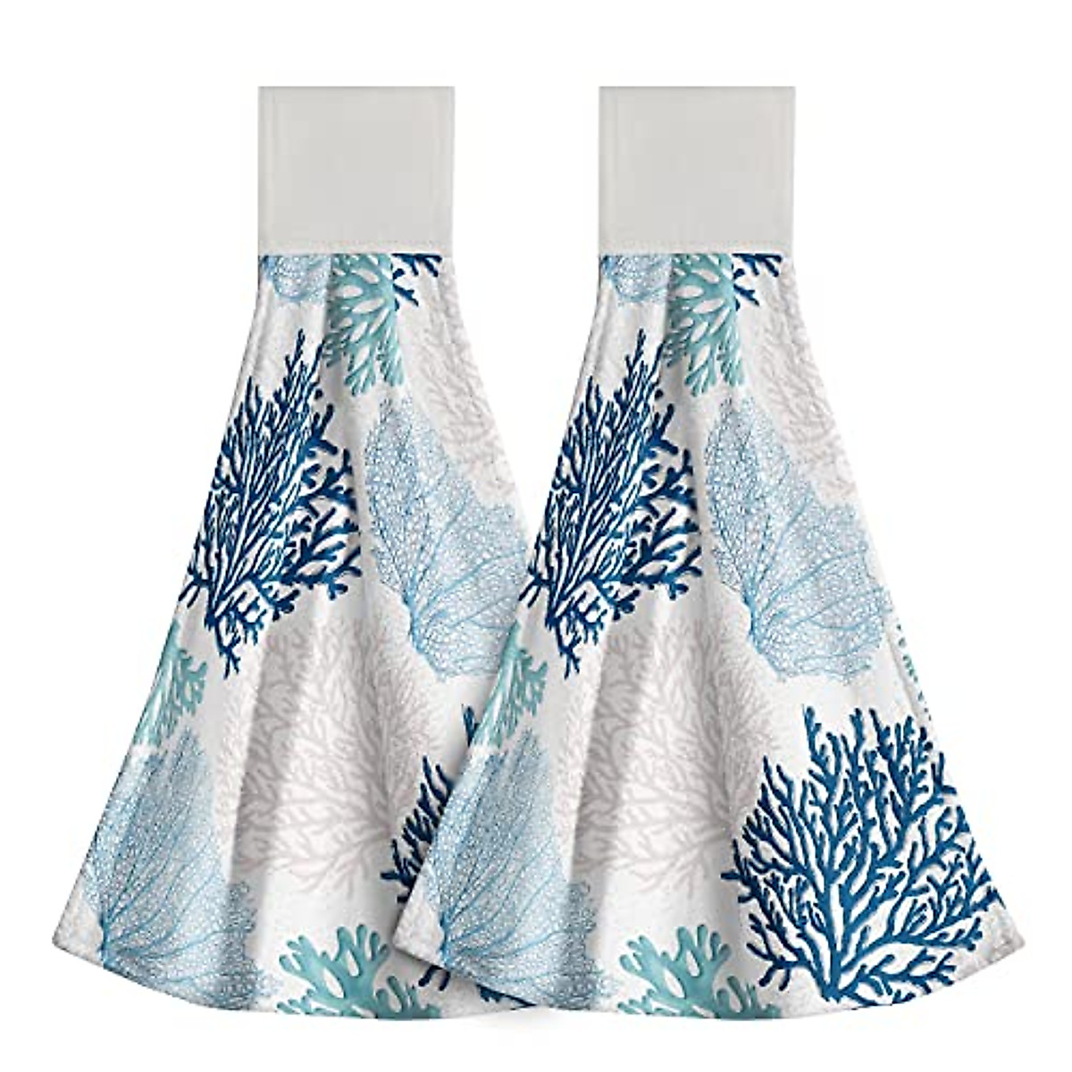 Blue Coral Kitchen Hand Towel - Beach Nautical Coastal Teal Sea Towel Set of 2 Ultra Soft Absorbent Tie Towel Tea Bar Towels for Bathroom Kitchen Laundry Room 12 x 17 Inches