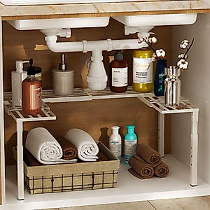 TEMSTE Expandable Under Sink Organizers and Storage,Bathroom Under the Sink Organizer Kitchen, Under Sink Shelf with 2 Removable Hooks, Undersink Organizers with EXPANDABLE HEIGHT DEPTH & WIDTH, White