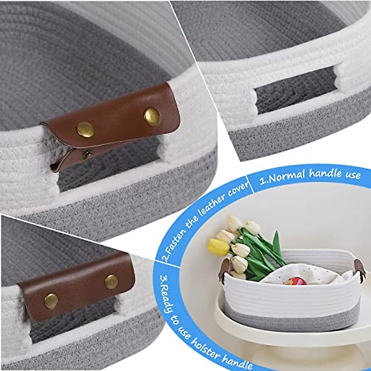 ECDYQXVU Cotton Rope Storage Basket, 14x11x5 IN, Oval Storage Bins, Decorative Woven Basket Cube Storage Organizer for Nursery, Laundry, Towel, Clothes, Toy, Cosmetics, Books (Grey/White)