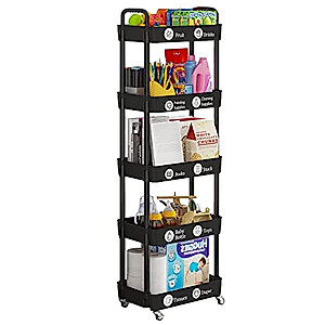 Laiensia 5-Tier Storage Cart,Multifunction Utility Rolling Cart Kitchen Storage Organizer,Mobile Shelving Unit Cart with Lockable Wheels for Bathroom,Laundry,with Classified Stickers,Black