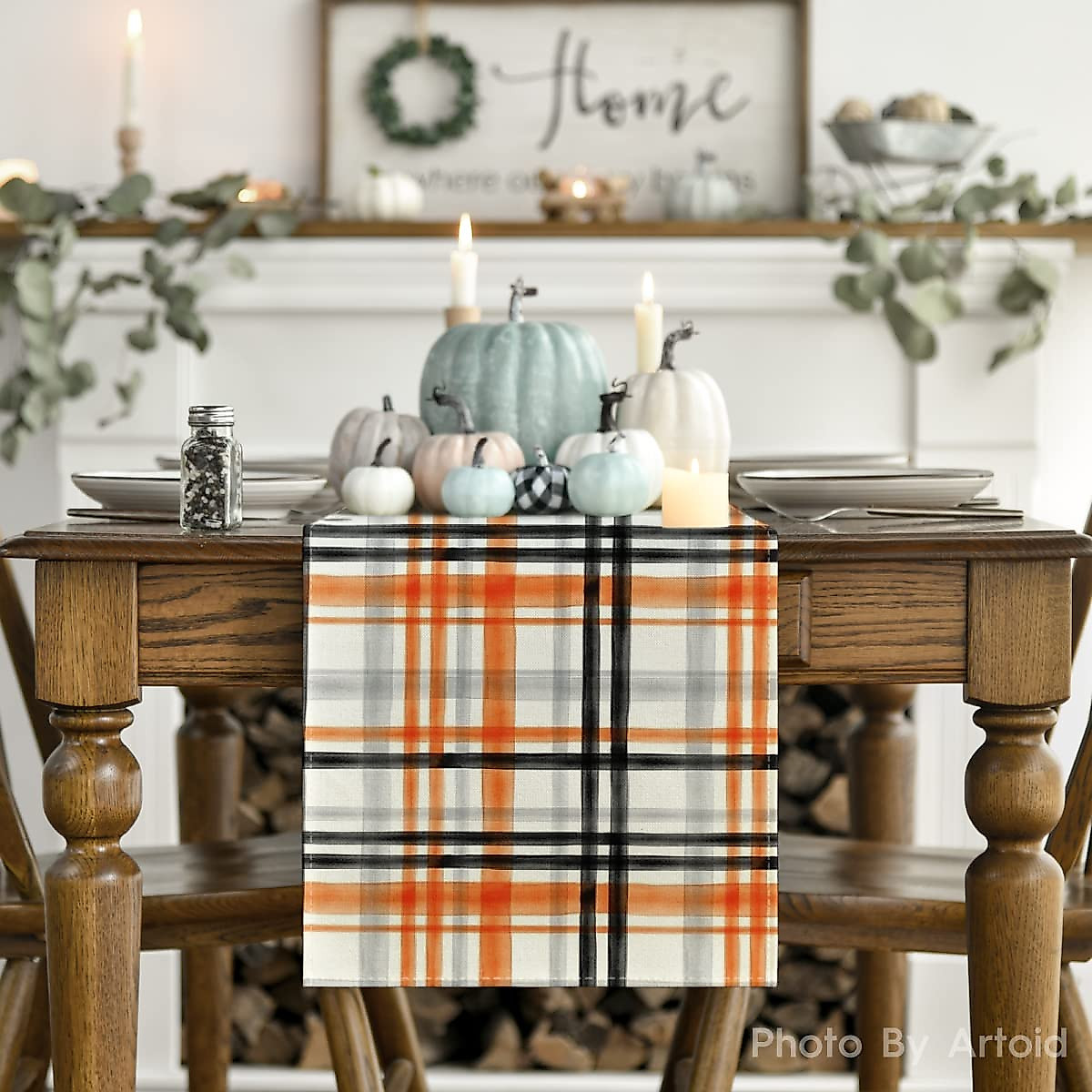 Artoid Mode Orange Black Buffalo Plaid Fall Table Runner, Halloween Kitchen Dining Table Decoration for Outdoor Home Party 13x72 Inch