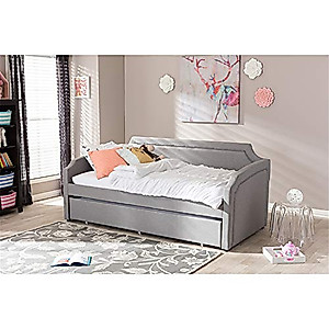 Baxton Studio Parkson Modern and Contemporary Grey Fabric Curved Notched Corners Sofa Twin Daybed with Roll-Out Trundle Guest Bed