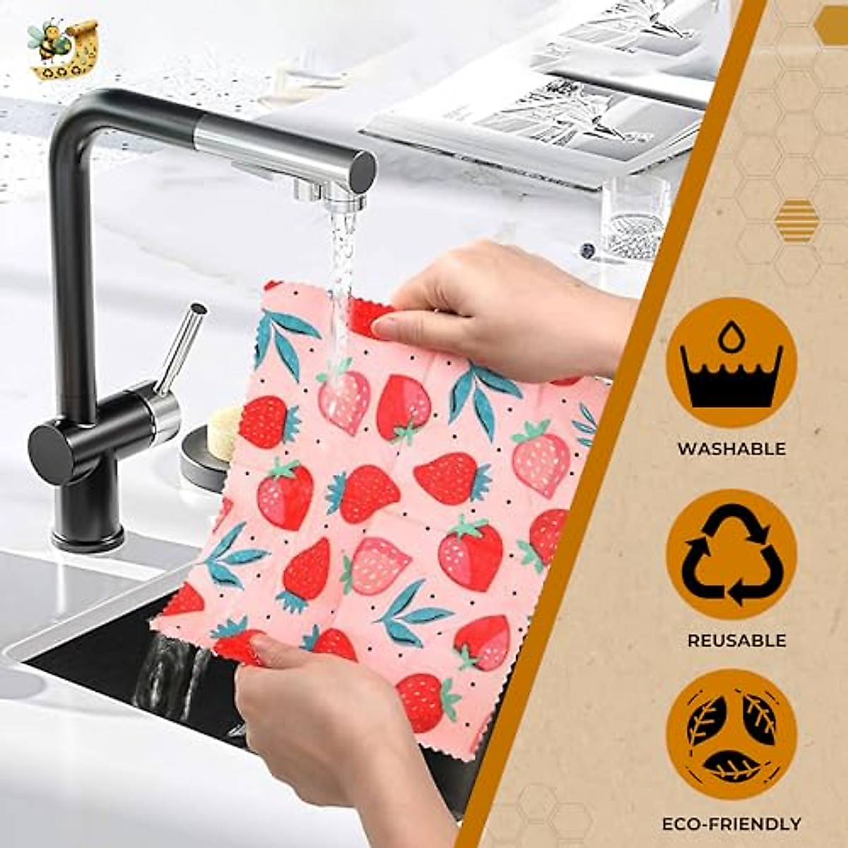 Nacterra 10 Pack Bees Wax Wraps Reusable, Organic Beeswax Wraps for Food, Eco-friendly Beeswax Food Wrap for Bread. Bowl Cover and Produce, Beeswax Sandwich Wraps - 3L, 3M, 4S, Strawberry Pattern