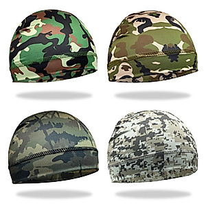 4 Pcs Skull Cap Sweat Wicking Helmet Liner Breathable Cycling Beanie Running Sports Hat Cooling Head Wraps for Men (Camo Color)
