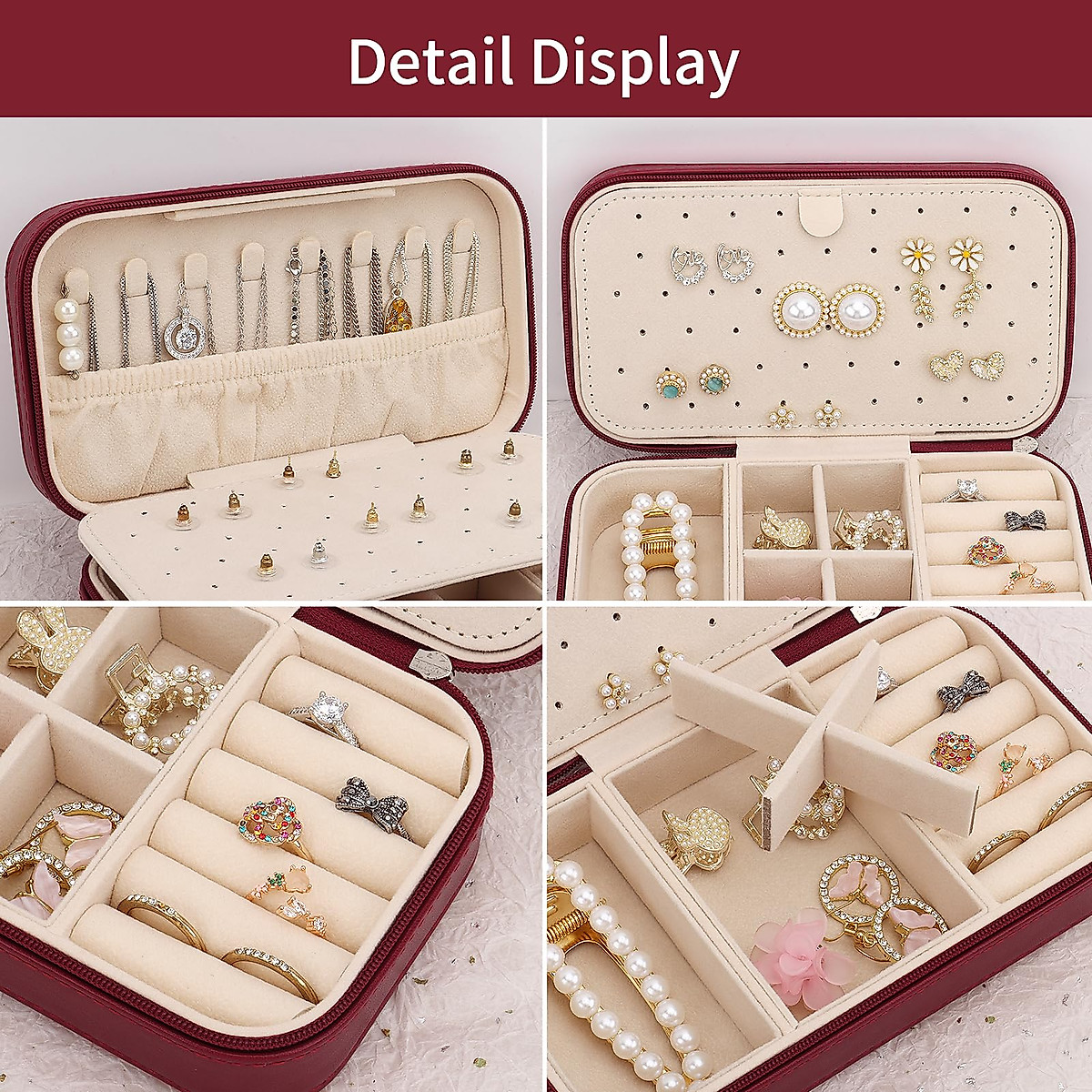 DesignSter Travel Jewelry Box, PU Leather Portable Jewelry Case, Small Jewelry Boxes for Gifts, Travel Jewelry Organizer for Women Rings Earrings Necklaces Bracelets (Wine Red)
