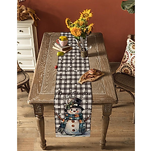 Christmas Snowman Table Runner 36 Inches Long Farmhouse Dress Scarves, Black and White Checkered Winter Snowflake Dining Tablerunner for Coffee Table/Kitchen Island/Party Décor, Small 13" x 36"