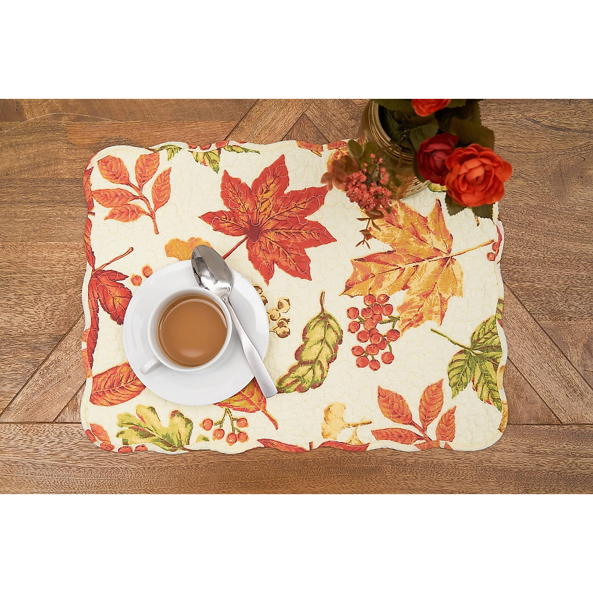 C&F Home Rylie Cotton Quilted Reversible Placemat Set 6 Rectangle Oblong Machine Washable Mats Floral Leaves Fall Harvest for Kitchen or Dining Table Rectangular Placemat Set of 6 Orange