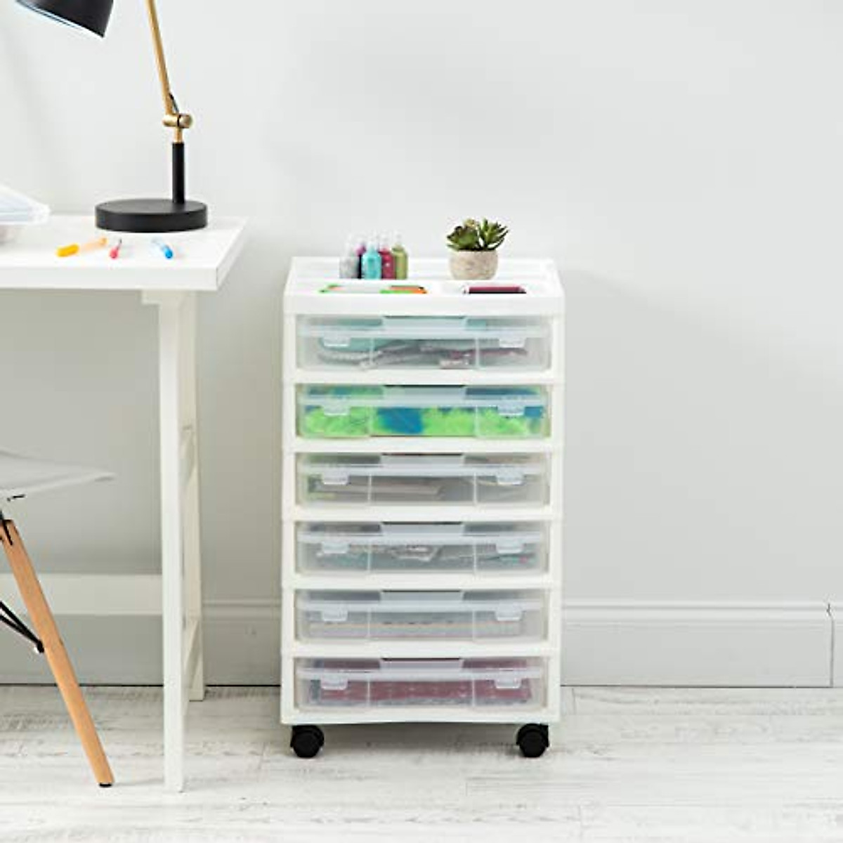 IRIS USA Fits 12" x 12" Paper, 6-Tier Scrapbook Rolling Storage Cart with Organizer Top for Papers Vinyl Tools Office Art and Craft Supplies, Yarn, White Frame with 6 Clear Cases w/ Built in Handle