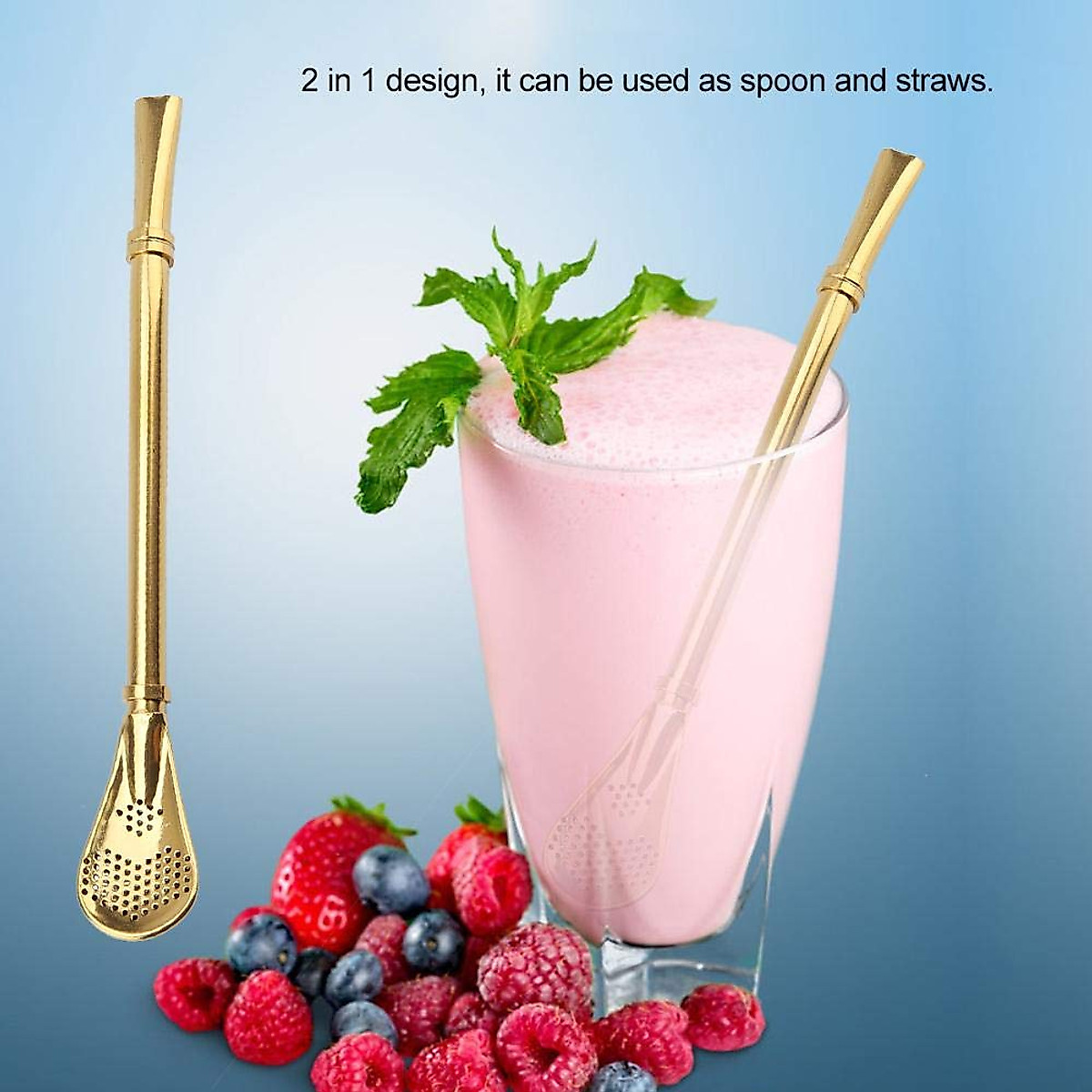 Multi function Drinking Straw, 4 in 1 Design Beverage Straw Tea Filter stirring rod and Fruit Spoon Made of 304 Stainless Steel Food Safety and Easy Maintain for Home Office Cafes Bar (Gold)