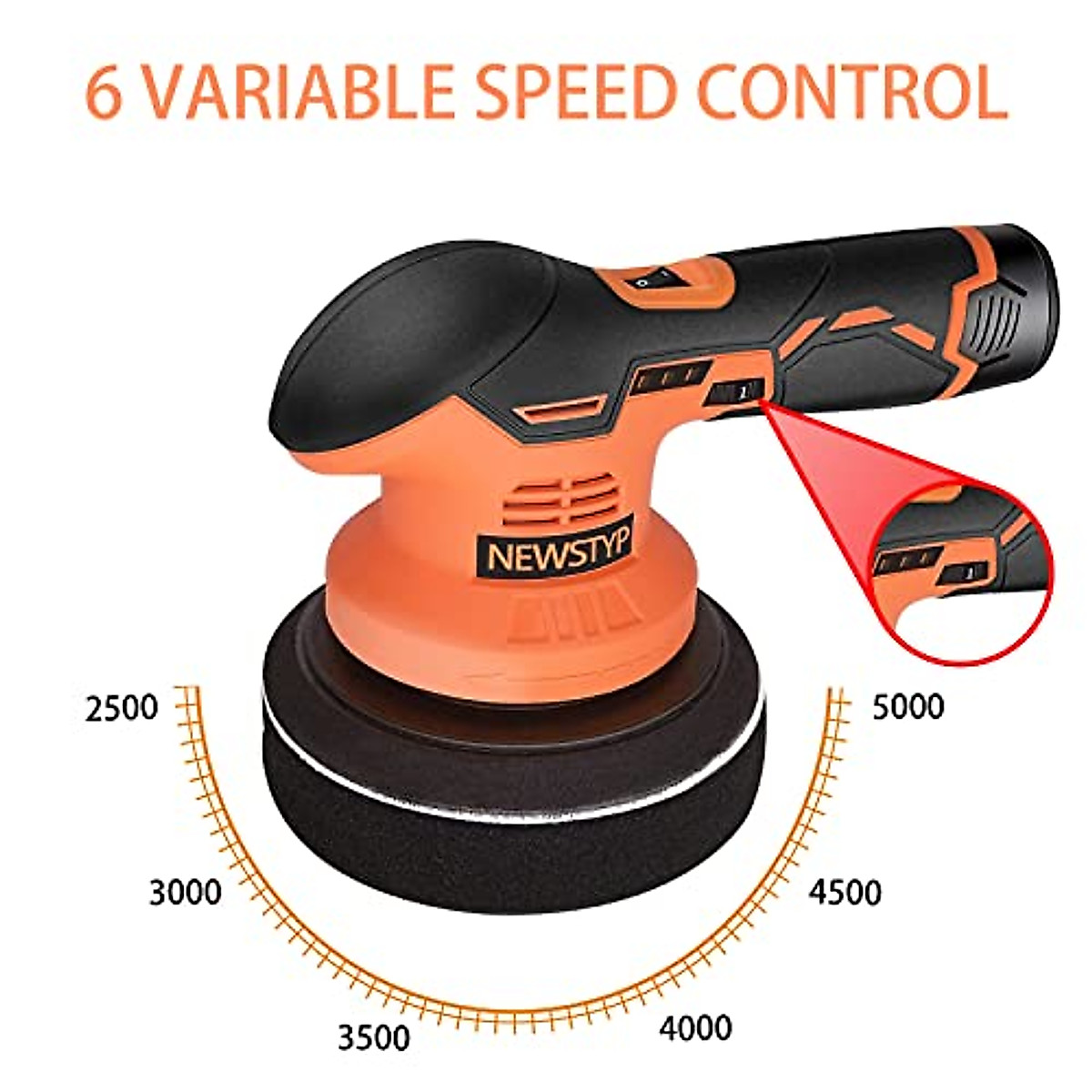 NEWSTYP 6 Inch Cordless Car Buffer Polisher with 2Pcs 12V 2.0Ah Rechargeable Battery, 6 Variable Speed, 5000RPM, Wireless Buffer Polisher Kit for Waxing/Car Detailing/Car Scratch Repairing/Sander
