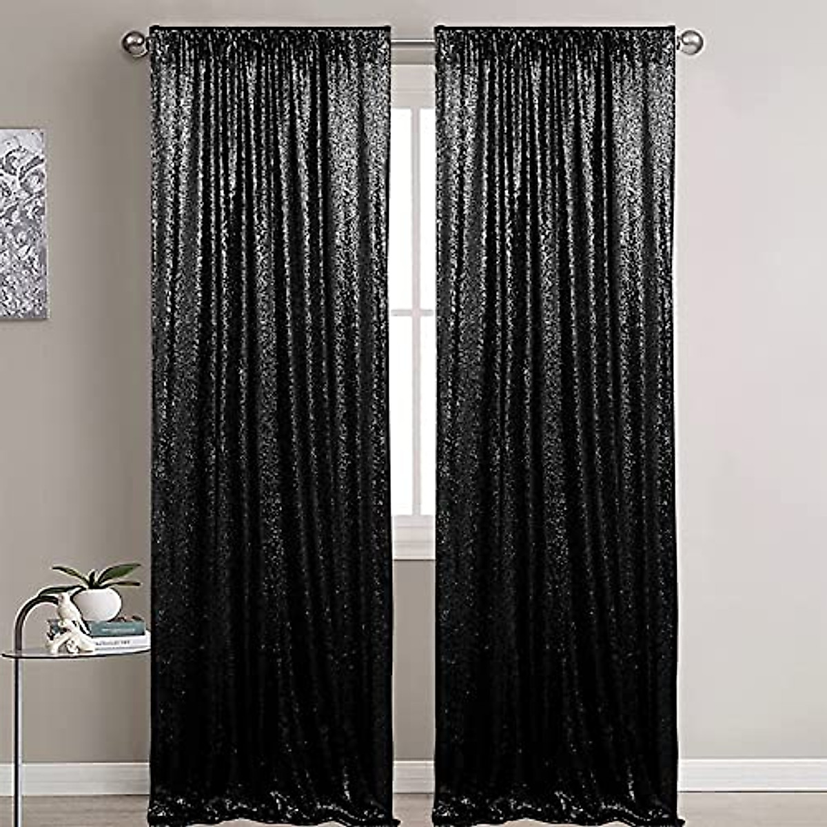 WISPET Black Sequin Backdrop Curtains 2 Panels 2FTx8FT Glitter Drapes Backdrop Sparkle Curtains Photo Backdrop for Halloween Wedding Birthday Bridal Party Decor