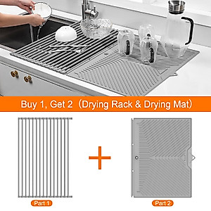 IWORD Roll Up Dish Drying Rack with Mat Combo,Splitted Drying Mat & Dish Drying Rack,Versatile Roll Up Sink Drying Rack with A Drain Hole for Easy Water Drainage, Silicone Mat for Kitchen (29" x 20")