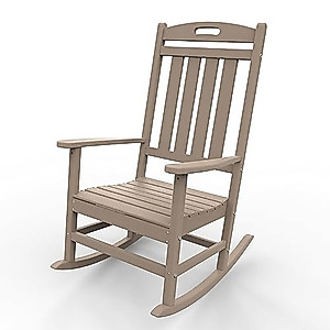 Outdoor Rocking Chairs, High Back Poly Lumber Patio Rocker Chair, 365Lbs Support Rocking Chairs, All-Weather Porch Rocking Chair for Lawn, Backyard, Indoor, Garden, Like Real Wood, Weathered Wood