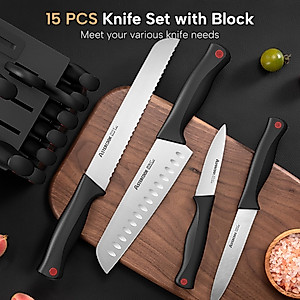 Astercook Knife Set with Built-in Sharpener Block, Dishwasher Safe Kitchen Knife Set with Block, 14 Pcs High Carbon Stainless Steel Block Knife Set with Self Sharpening and 6 Steak Knives, Black