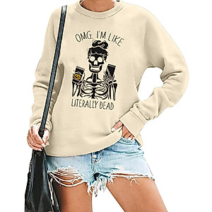 MOUSYA Halloween Skeleton Sweatshirt Women Skull Shirt Funny Coffee Skeleton Hoodie Fall Long Sleeve Pullover Tops