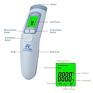 Amplim Non-Contact Digital Infrared Forehead Thermometer – Medical Grade, Touchless Accurate Instant Readings, Fever Alarm, Color LCD Display - for Adults, Babies, and Infants. FSA HSA Eligible