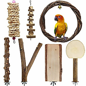 LIMIO 7 PCS Bird Parrot Swing Chewing Toys Natural Wood Bird Perch Bird Cage Toys Suitable for Small Parakeets, Cockatiels, Conures, Finches,Budgie, Parrots, Love Birds