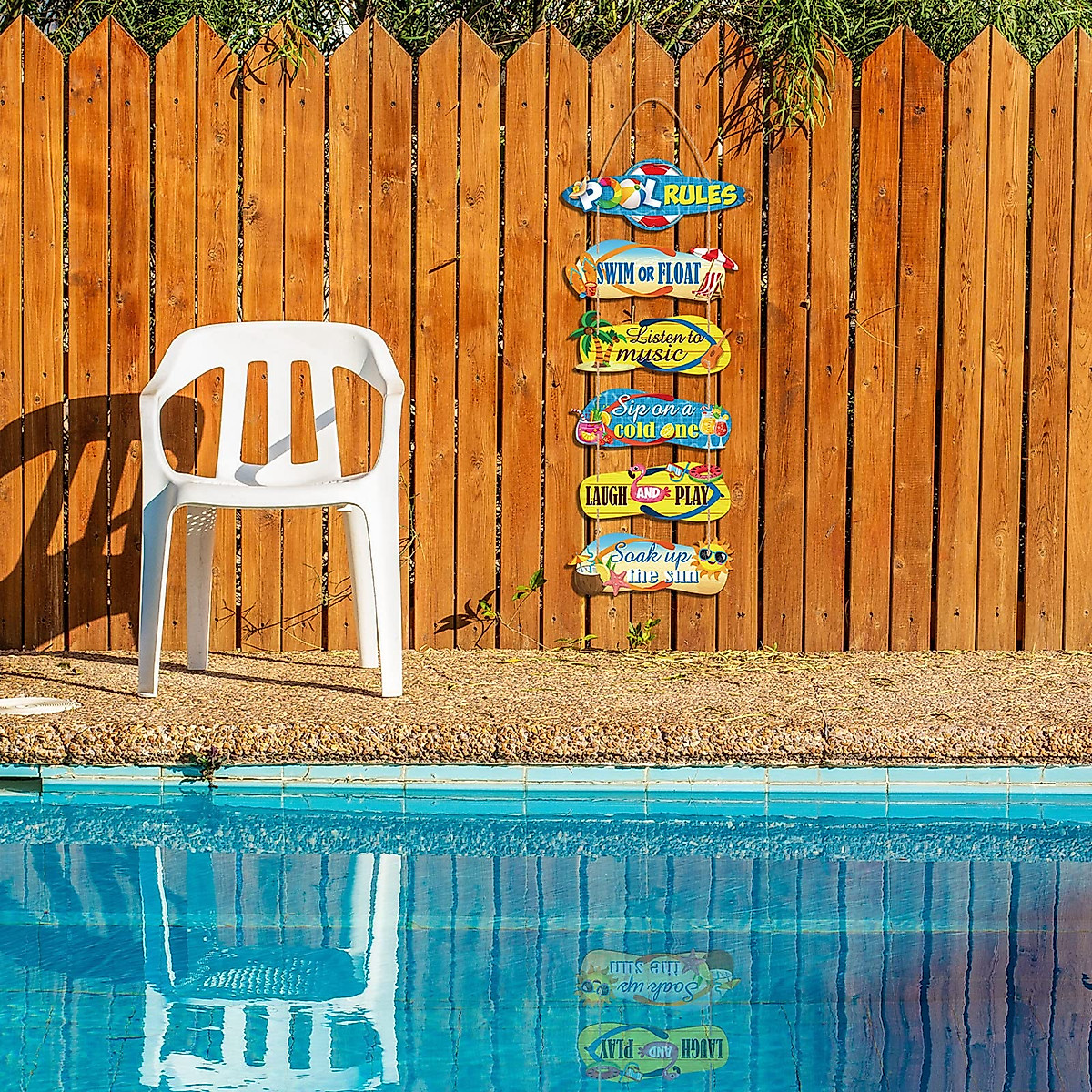 6 Pack Wooden Pool Rules Signs 4 x 11 Inch Summer Slippers Hanging Wooden Sign Outdoor Decorations for Swimming Pool Decor, Assemble by Yourself