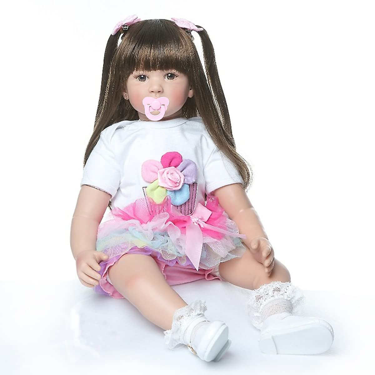 TERABITHIA 24inch 60cm Big Size Silicone Vinyl Reborn Toddler Princess Girl Doll Rainbow Dress Stuffed Cloth Body Newborn Dolls That Look Realistic Child Xmas Birthday Gift