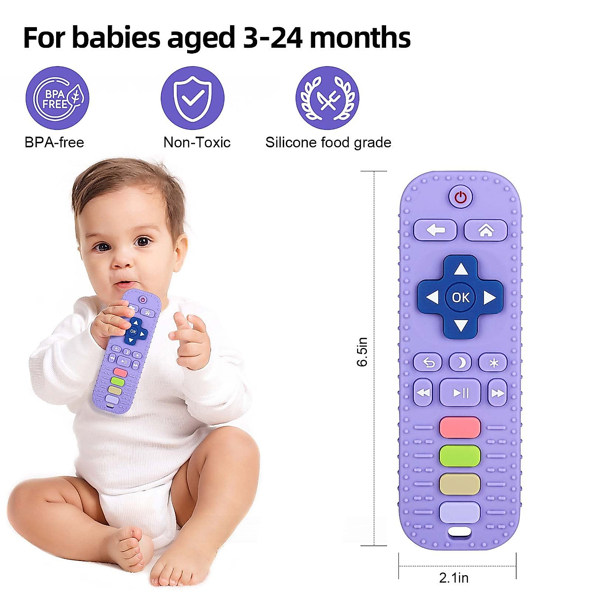 Chuya Silicone Baby Teething Toy Remote Control Shape Chew Toy for Babies 3-6 Months 3-24 Months, Teether Relief Baby Toys for Infants TV BPA Free(Purple)
