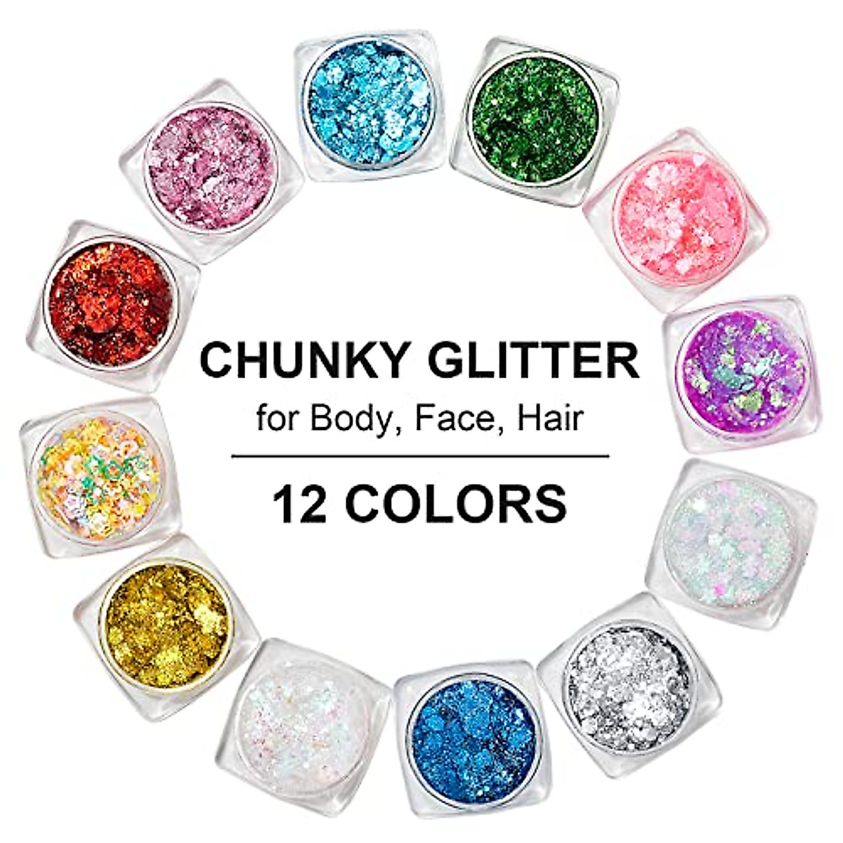 12 Colors Body Glitter Gel Kit, Super Long Lasting Holographic Chunky Glitter Gel Festival Party Makeup for Face, Body, Hair, Nail Art, Eyeshadow, 3Pcs Sponge Makeup Brush Include (Set A)